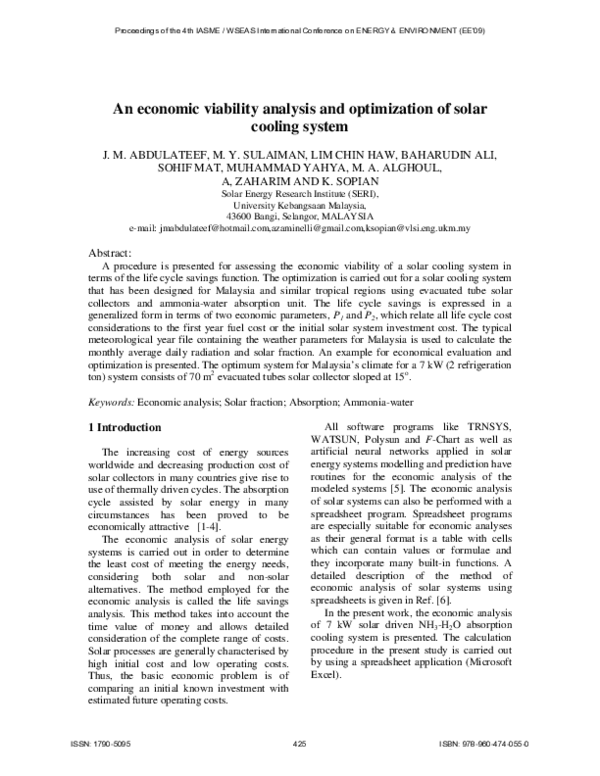 Pdf An Economic Viability Analysis And Optimization Of Solar Cooling System