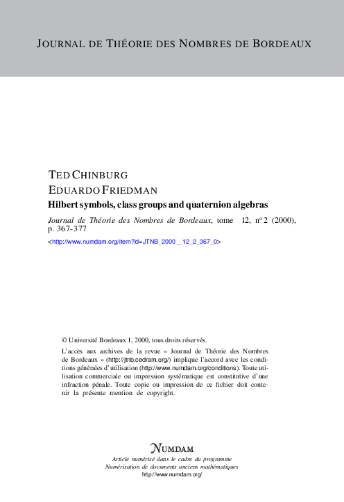 (PDF) Hilbert symbols, class groups and quaternion algebras