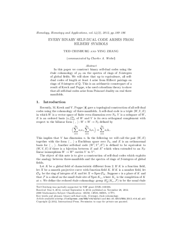 (PDF) Every binary self-dual code arises from Hilbert symbols | Ted ...