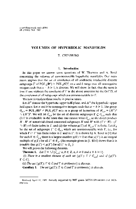 (PDF) Volumes of hyperbolic manifolds