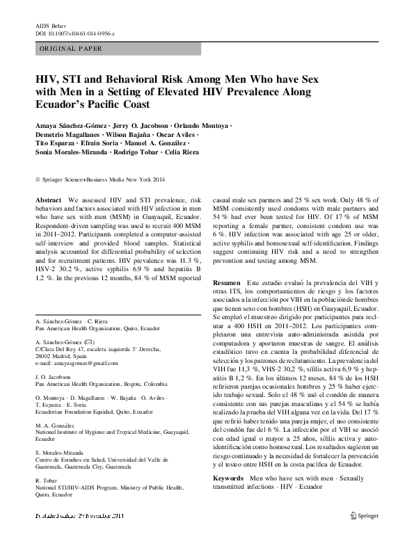 (PDF) HIV, STI and Behavioral Risk Among Men Who have Sex with Men in a ...