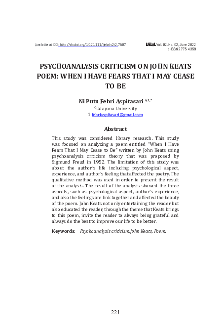 (PDF) Psychoanalysis Criticism on John Keats Poem: When I Have Fears ...