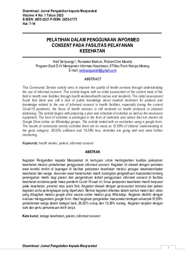 (PDF) Pelatihan Dalam Penggunaan Informed Consent Pada Fasilitas Pelayanan Kesehatan
