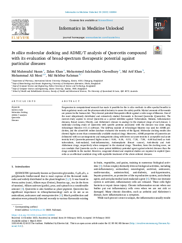 (PDF) In silico molecular docking and ADME/T analysis of Quercetin compound with its evaluation ...