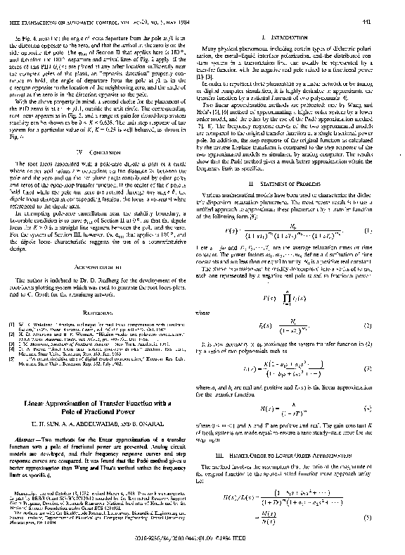 (PDF) Linear approximation of transfer function with a pole of fractional power