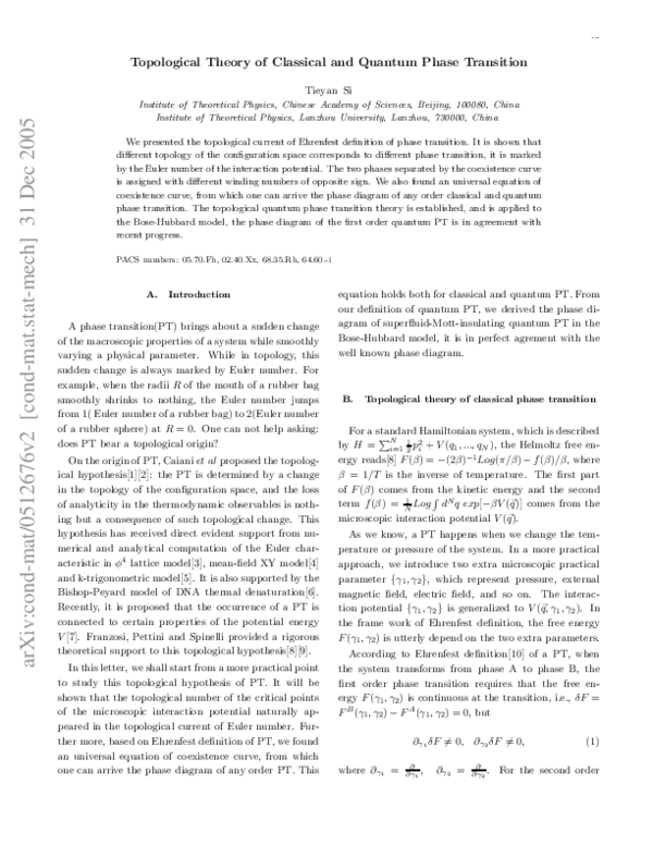 (PDF) Topological Theory of Classical and Quantum Phase Transition