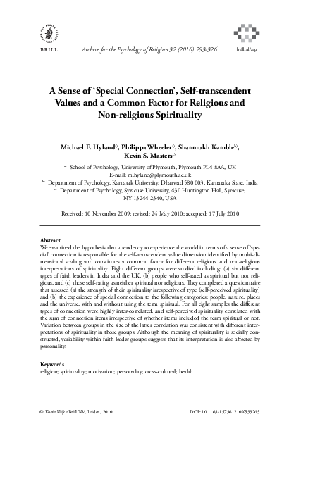 (PDF) A Sense of ‘Special Connection’, Self-transcendent Values and a ...