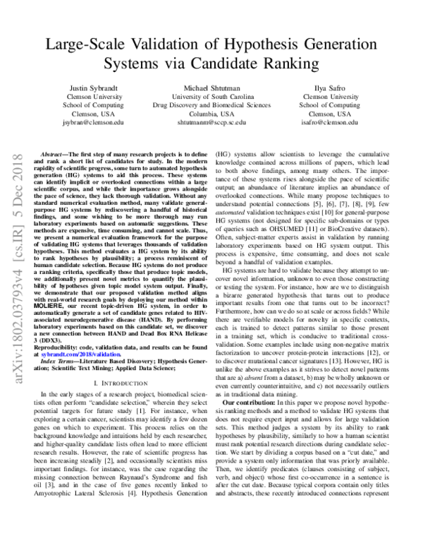 Pdf Large Scale Validation Of Hypothesis Generation Systems Via Candidate Ranking