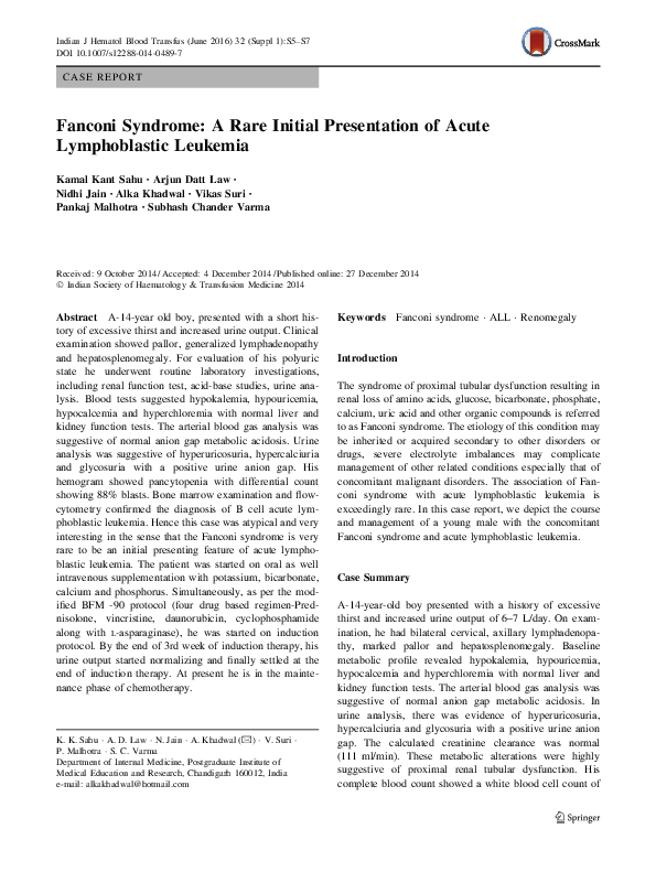 (PDF) Fanconi Syndrome: A Rare Initial Presentation of Acute ...