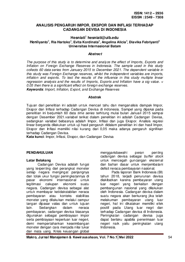 (PDF) Analisis Pengaruh Impor, Ekspor Dan Inflasi Terhadap Cadangan Devisa DI Indonesia