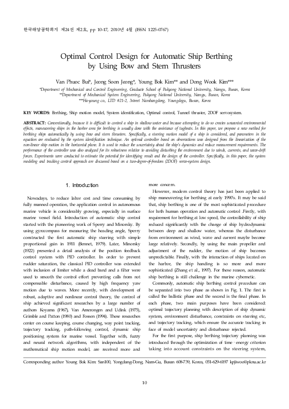 (PDF) Optimal Control Design for Automatic Ship Berthing by Using Bow and Stern Thrusters