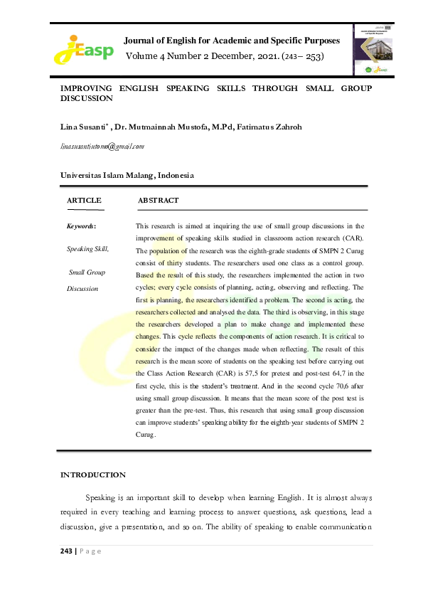 (PDF) Improving English Speaking Skills Through Small Group Discussion