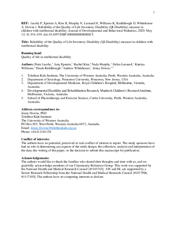 (PDF) Reliability of the Quality of Life Inventory-Disability Measure ...