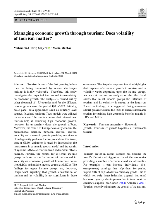 (PDF) Managing economic growth through tourism: Does volatility of ...