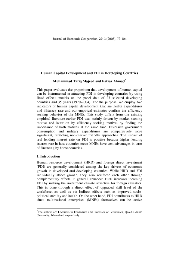 (PDF) Human Capital Development and FDI in Developing Countries