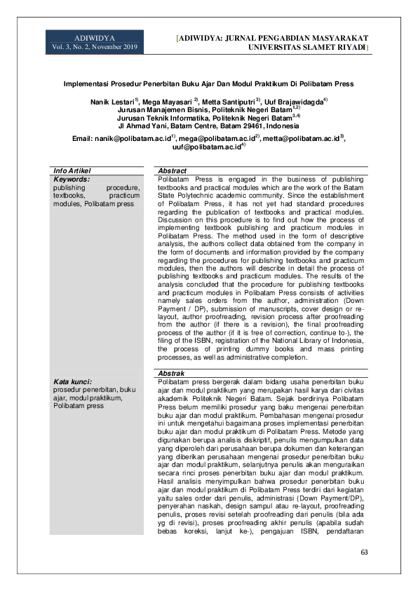 (PDF) Implementasi Prosedur Penerbitan Buku Ajar Dan Modul Praktikum Di Polibatam Press | Nanik ...