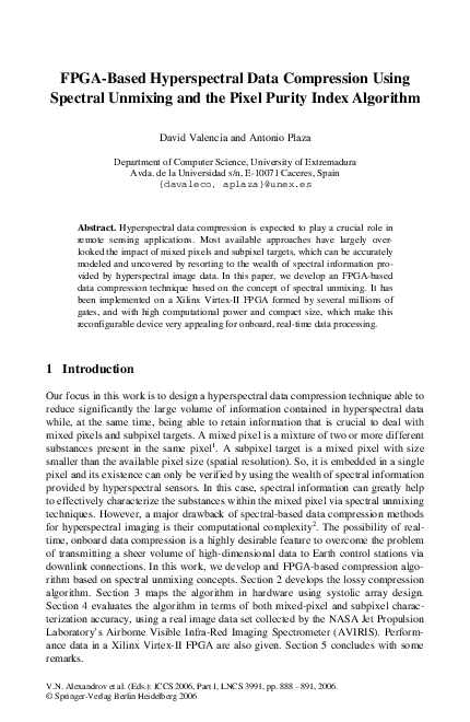 Pdf Fpga Based Hyperspectral Data Compression Using Spectral Unmixing And The Pixel Purity 