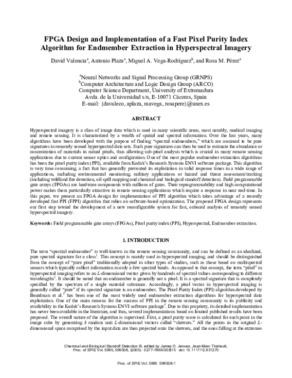 (PDF) FPGA design and implementation of a fast pixel purity index algorithm for endmember ...