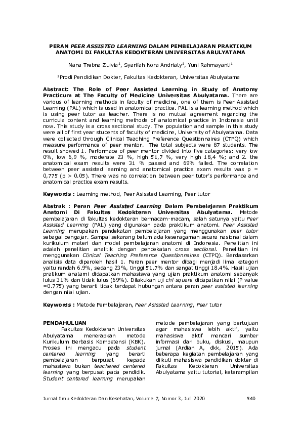 (PDF) Peran Peer Assisted Learning Dalam Pembelajaran Praktikum Anatomi DI Fakultas Kedokteran ...