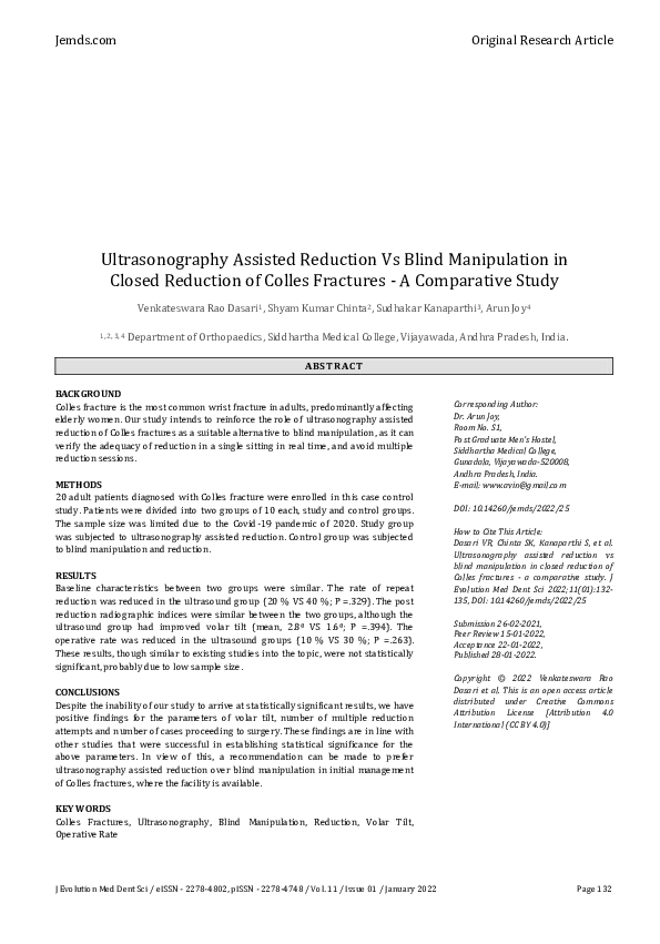 (PDF) Ultrasonography Assisted Reduction Vs Blind Manipulation in ...