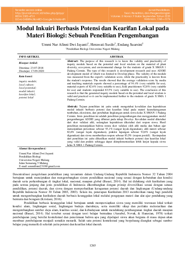 (PDF) Modul Inkuiri Berbasis Potensi dan Kearifan Lokal pada Materi Biologi: Sebuah Penelitian ...