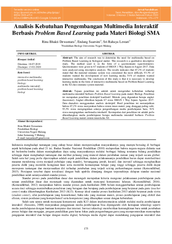 (PDF) Analisis Kebutuhan Pengembangan Multimedia Interaktif Berbasis Problem Based Learning pada ...