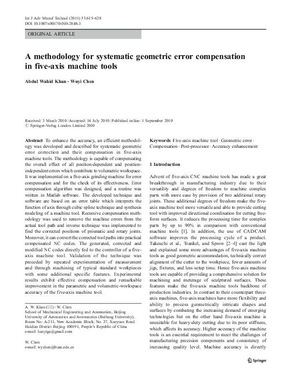 Pdf A Methodology For Systematic Geometric Error Compensation In Five Axis Machine Tools