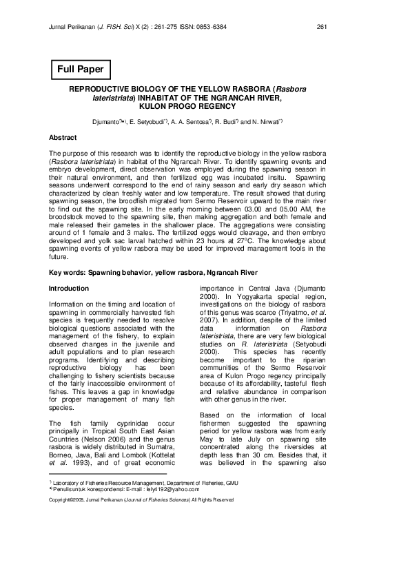 (PDF) REPRODUCTIVE BIOLOGY OF THE YELLOW RASBORA (Rasbora lateristriata ...