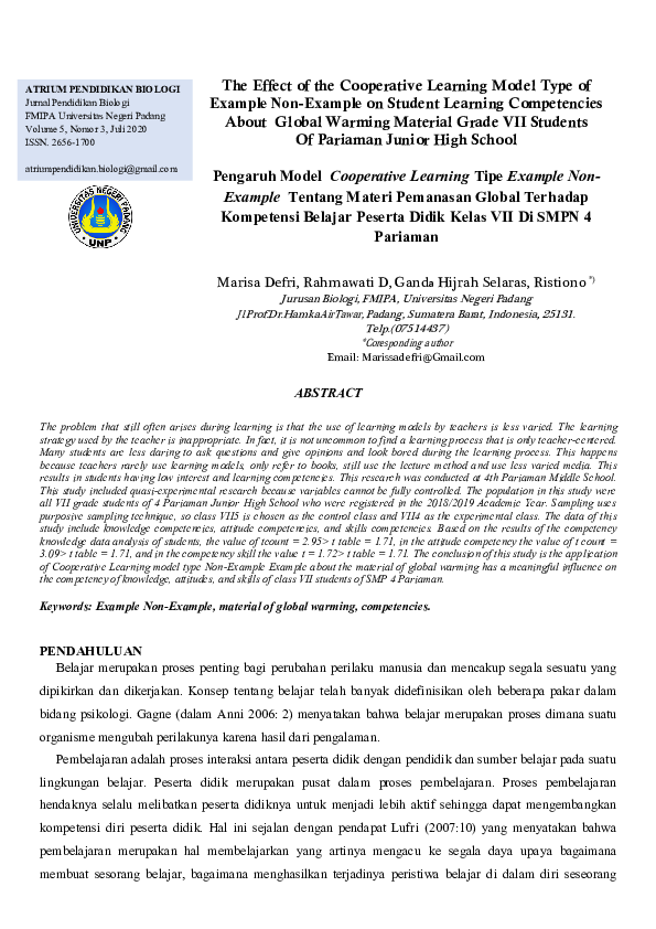 (PDF) The Effect of the Cooperative Learning Model Type of Example Non ...