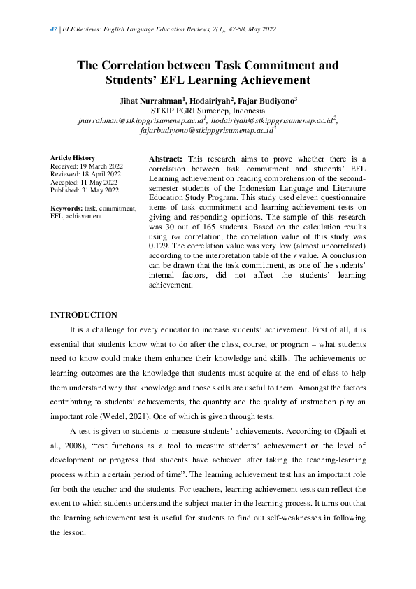 (PDF) The Correlation between Task Commitment and Students’ EFL ...