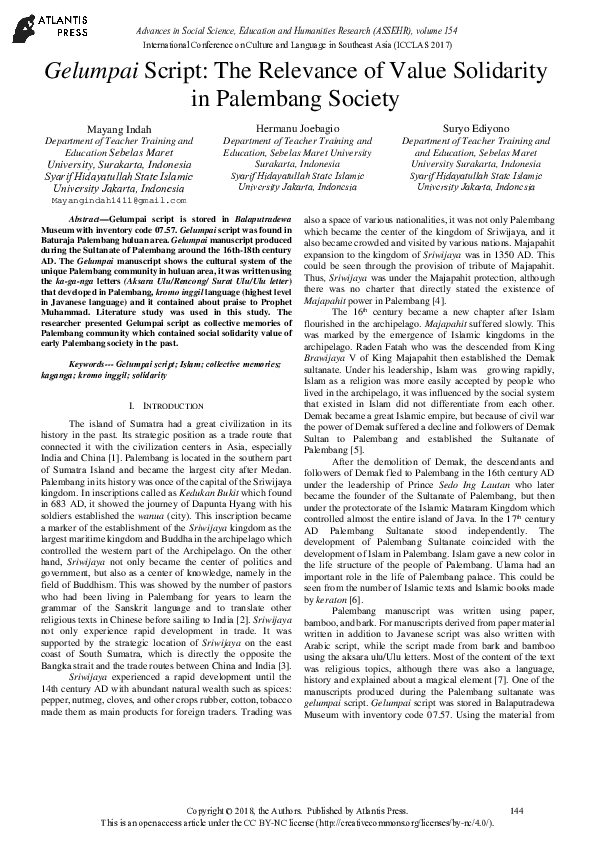 (PDF) Gelumpai Script: The Relevance of Value Solidarity in Palembang Society