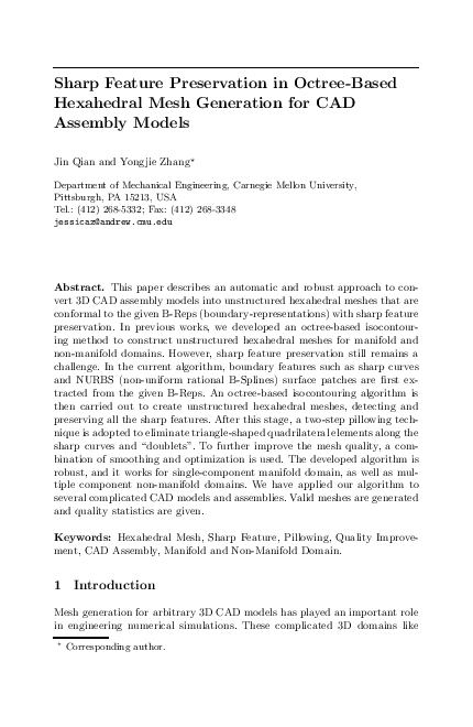 Pdf Sharp Feature Preservation In Octree Based Hexahedral Mesh Generation For Cad Assembly Models