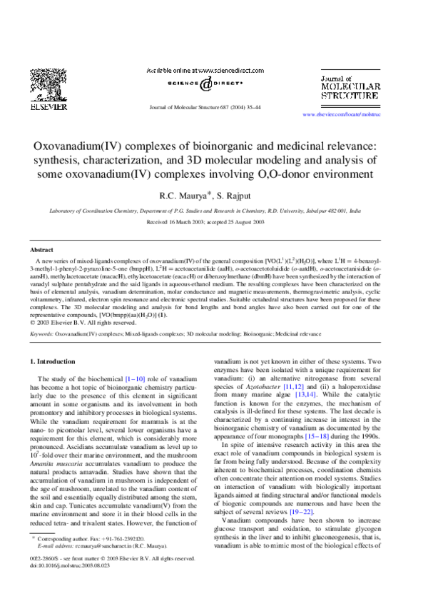(PDF) Oxovanadium(IV) complexes of bioinorganic and medicinal relevance: Synthesis ...