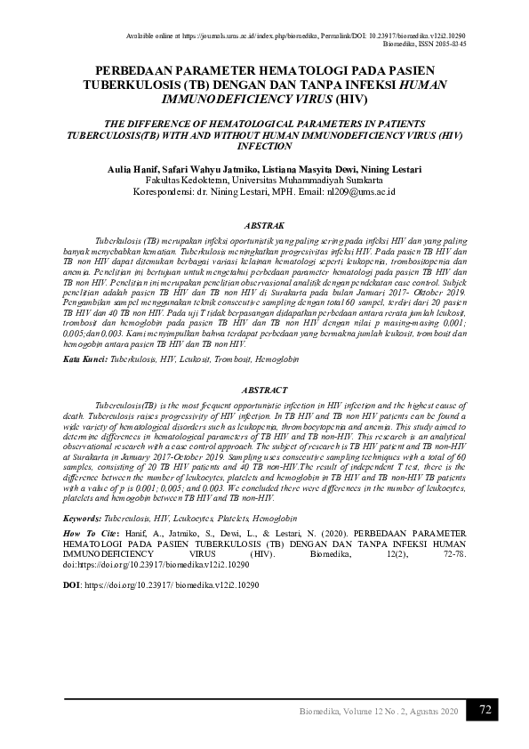 (PDF) Perbedaan Parameter Hematologi Pada Pasien Tuberkulosis (TB ...