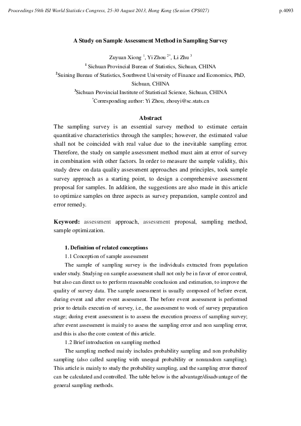 (PDF) A Study on Sample Assessment Method in Sampling Survey