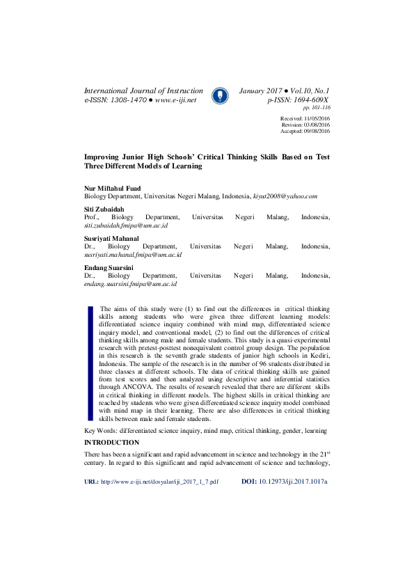 (PDF) Improving Junior High Schools’ Critical Thinking Skills Based on ...