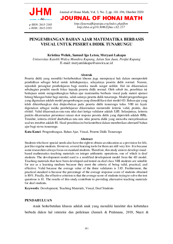 (PDF) Pengembangan Bahan Ajar Matematika Berbasis Visual Untuk Peserta Didik Tunarungu