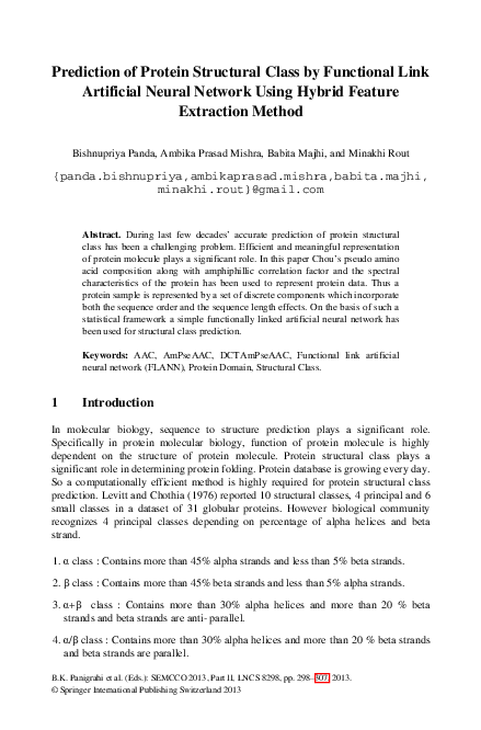 Pdf Prediction Of Protein Structural Class By Functional Link