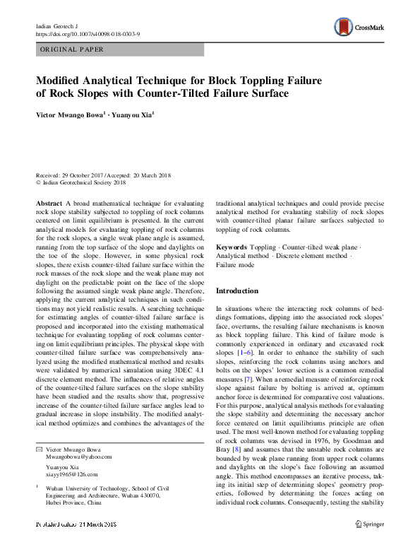 (PDF) Modified Analytical Technique for Block Toppling Failure of Rock Slopes with Counter ...
