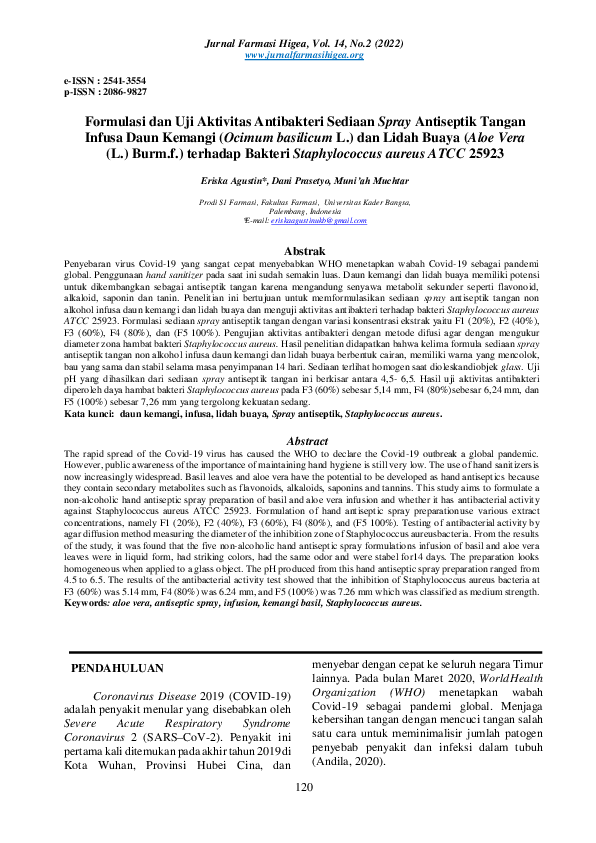 (PDF) Formulasi dan Uji Aktivitas Antibakteri Sediaan Spray Antiseptik ...
