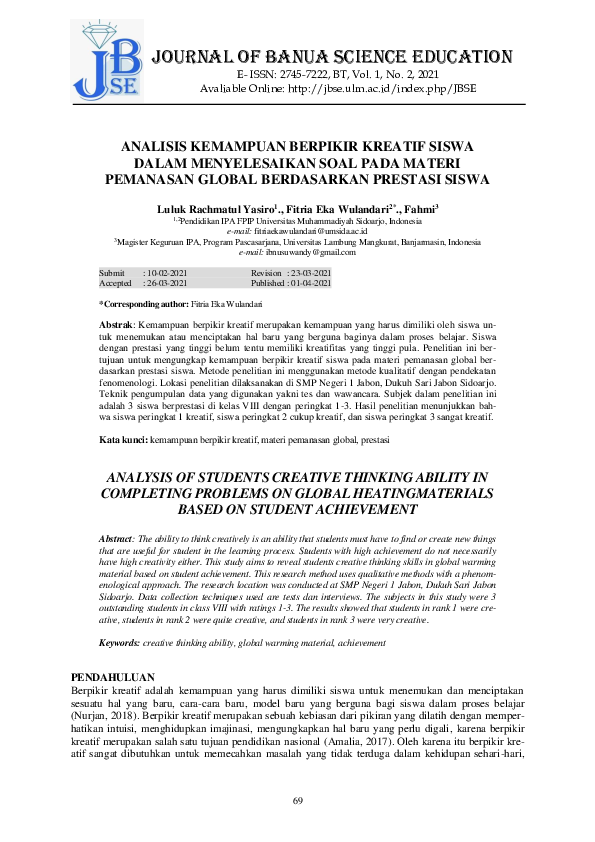 (PDF) Analisis Kemampuan Berpikir Kreatif Siswa Dalam Menyelesaikan Soal Pada Materi Pemanasan ...