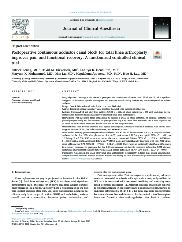 (PDF) Postoperative continuous adductor canal block for total knee ...