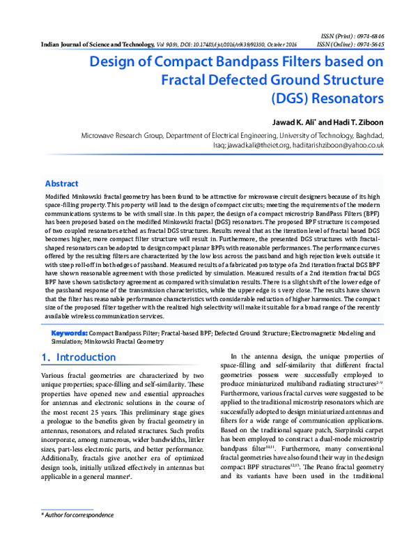 Pdf Design Of Compact Bandpass Filters Based On Fractal Defected Ground Structure Dgs Resonators