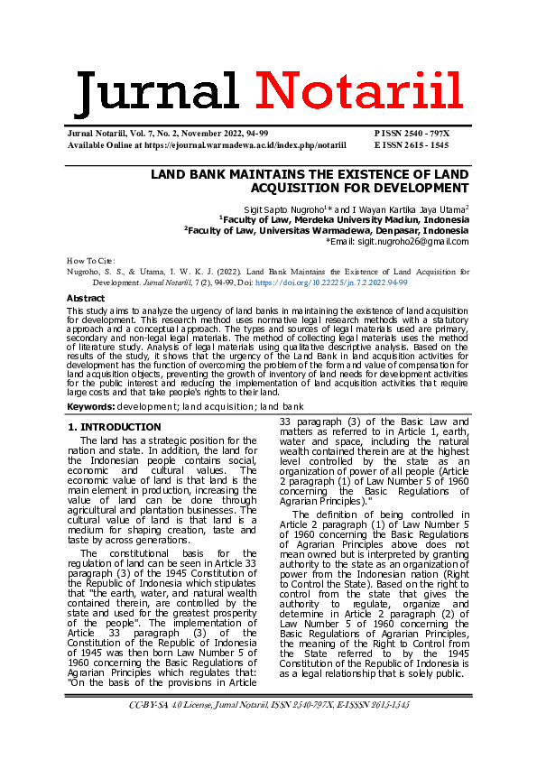 (PDF) Land Bank Maintains the Existence of Land Acquisition for Development