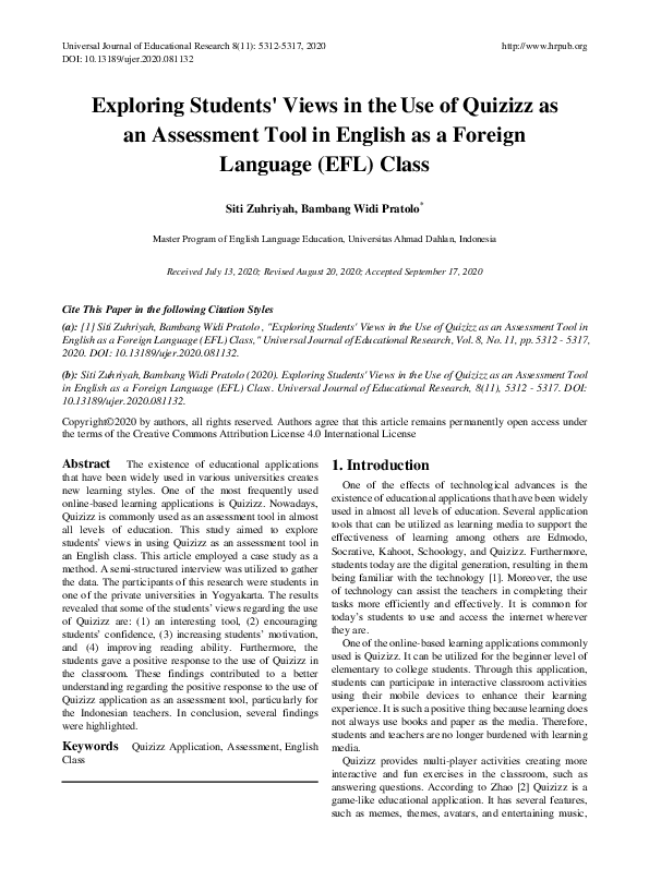 (PDF) Exploring Students' Views in the Use of Quizizz as an Assessment ...