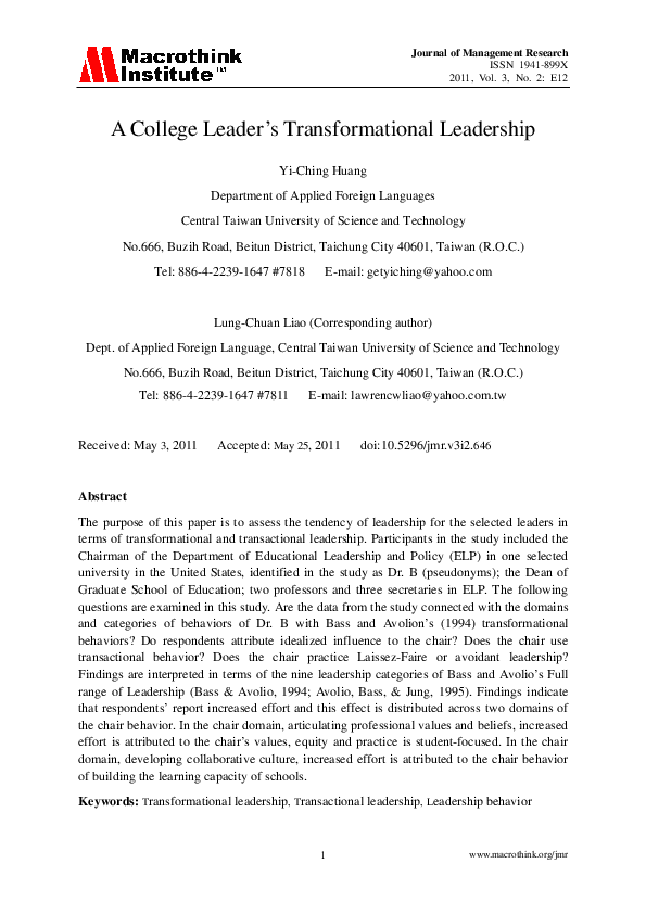 (PDF) A College Leader' s Transformational Leadership