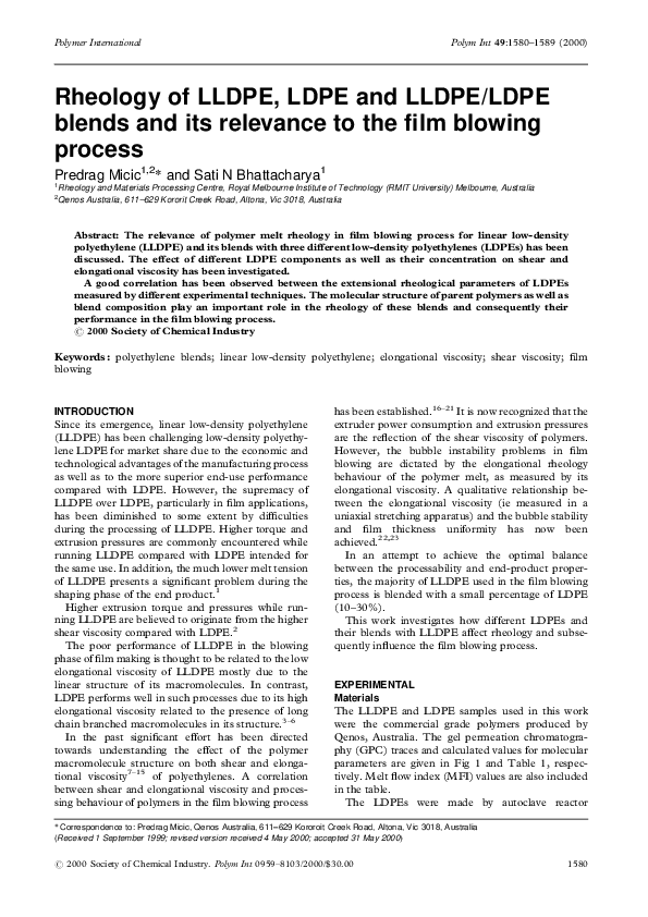 (PDF) Rheology of LLDPE, LDPE and LLDPE/LDPE blends and its relevance ...