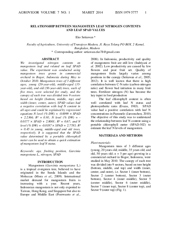 (PDF) Relationship Between Mangosteen Leaf Nitrogen Contents and Leaf ...