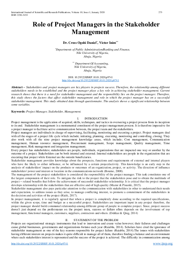 (PDF) Role of Project Managers in the Stakeholder Management