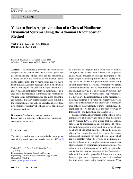 Pdf Volterra Series Approximation Of A Class Of Nonlinear Dynamical Systems Using The Adomian